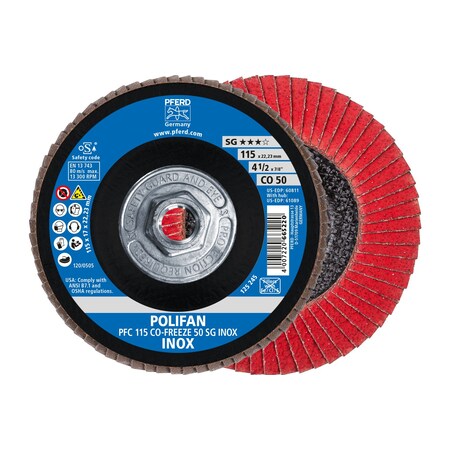 Pferd 4-1/2" x 5/8-11 Thd. POLIFAN Flap Disc - CO-FREEZE SG INOX, Ceramic oxide, 50 Grit ...